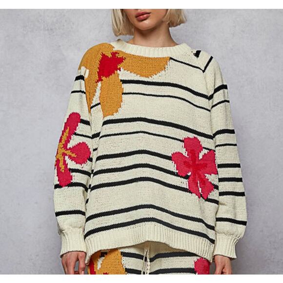 POL | Sweaters | Pol Striped Floral Knit Sweater Cream Black Stripe ...